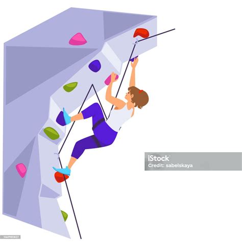 바위 체육관에서 벽을 오르는 여자 흰색 배경에 격리된 평면 벡터 삽화 건강한 생활방식에 대한 스톡 벡터 아트 및 기타 이미지 건강한 생활방식 꼭대기 높은 곳 Istock