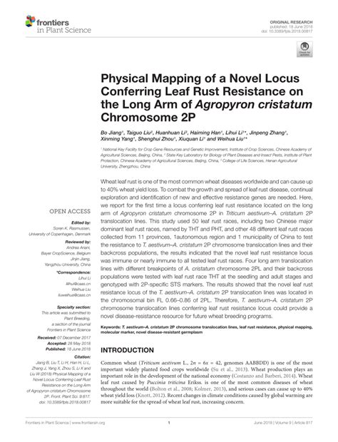 Pdf Physical Mapping Of A Novel Locus Conferring Leaf Rust Resistance