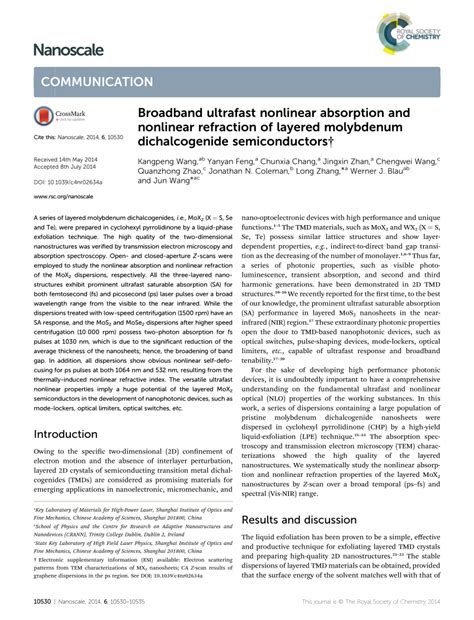 Pdf Broadband Ultrafast Nonlinear Absorption And Nonlinear Refraction Of Layered Molybdenum
