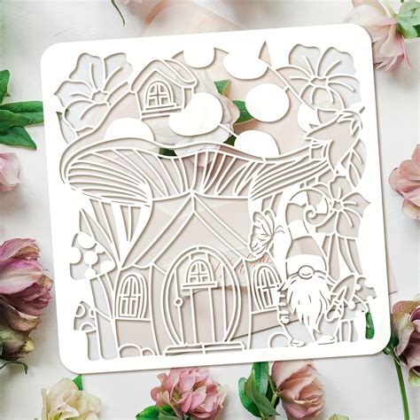 대나무 집 스텐실 2997x2997cm 대형 난쟁이 엘프 그림 스텐실 재사용 가능한 나비 꽃 드로잉 템플릿 환상적인 숲