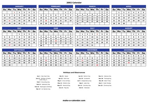2002 Yearly Calendar — Print Pdf With Holidays And Week Numbers