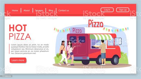 뜨거운 피자 방문 페이지 벡터 템플릿입니다 플랫 일러스트와 거리 피자 웹 사이트 인터페이스 아이디어 패스트 푸드 차량 홈페이지 레이아웃입니다 테이크 아웃 식사 자동차 웹