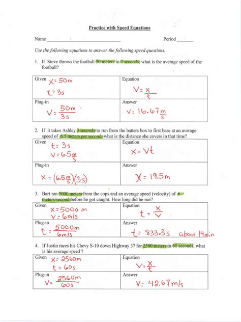 Speed And Velocity Worksheets And Answers Pdf