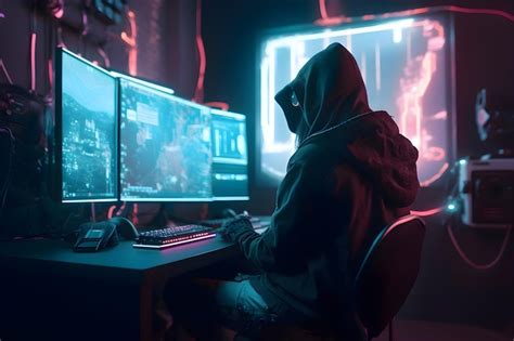 Premium Photo Hooded Hacker Sitting In Front Of Computer Monitors Cybercrime Concept