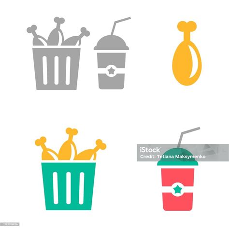 튀긴 닭고기와 흰색 배경에 고립 된 음료와 양동이의 벡터 그림 패스트 푸드의 평평한 아이콘 소다와 치킨 메뉴 개체 그룹에 대한 스톡 벡터 아트 및 기타 이미지 Istock