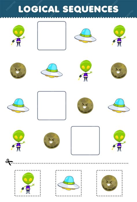 귀여운 만화 외계인 Ufo 행성 인쇄 가능한 태양계 워크시트가 있는 아이들을 위한 어린이 논리적 시퀀스를 위한 교육 게임