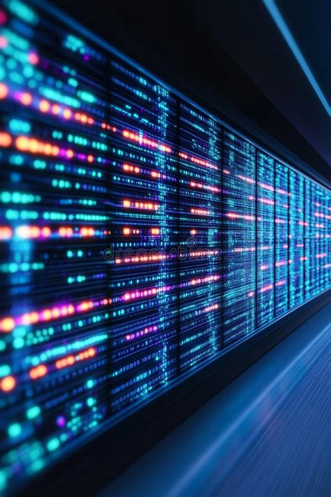 Big Data Highway Server Room Aisle With Glowing Binary Code Visualizing Data Transfer Stock