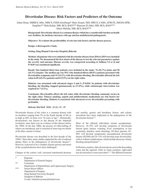 Pdf Diverticular Disease Risk Factors And Predictors Of The Outcome