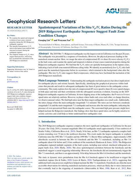 Pdf Spatiotemporal Variations Of In Situ Vp Vs Ratios During The 2019 Ridgecrest Earthquake