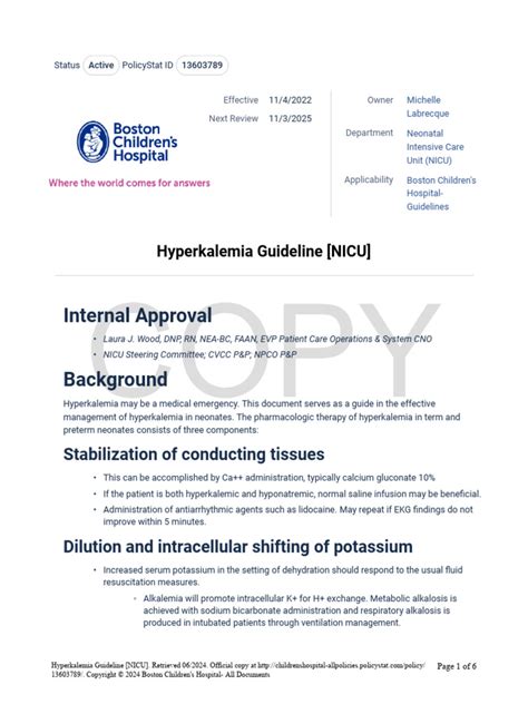 Hyperkalemia Guideline Nicu Copy Pdf