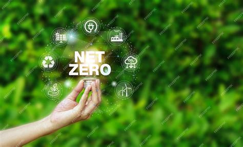순 제로 온실 가스 배출 목표를 위한 순 제로 아이콘 및 탄소 중립 개념 프리미엄 사진