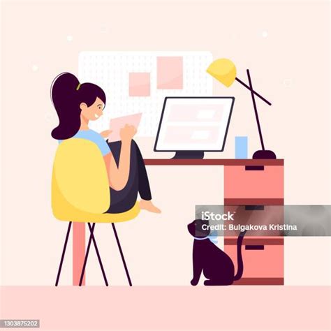 소녀 디자이너 프리랜서 컴퓨터 테이블에 앉아 있는 캐릭터입니다 원격 작업자 만화 스타일로 렌더링된 그림입니다 가정의 방에 대한