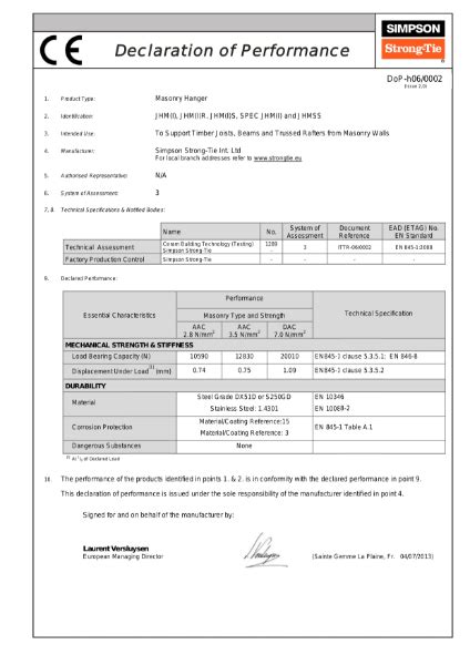 Declaration Of Performance DoP H Simpson Strong Tie NBS Source