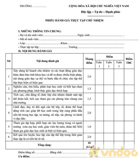 Phiếu đánh giá thực tập chủ nhiệm Phiếu nhận xét kết quả thực tập sư phạm