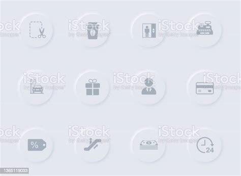 둥근 고무 버튼에 쇼핑몰 회색 벡터 아이콘 웹 모바일 앱 Ui 디자인 및 프로모션 비즈니스 폴리그래피용 쇼핑몰 아이콘 세트 24