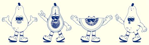 복고풍 선형 파파야 과일 캐릭터 세트 다양한 포즈와 감정을 가진 귀여운 파파야 마스코트가 있는 현대적인 낙서 일러스트레이션으로