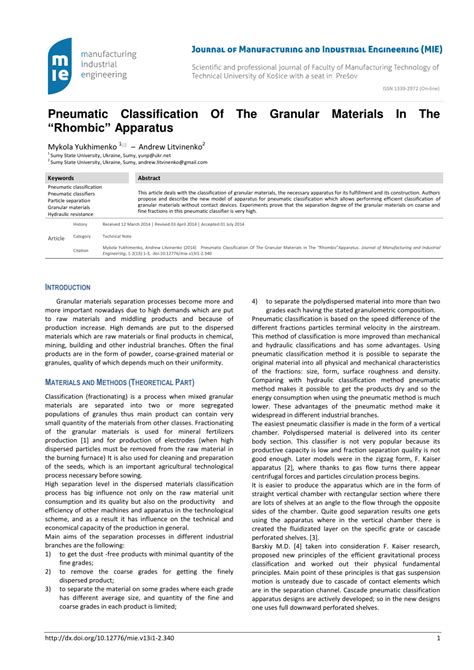 Pdf Pneumatic Classification Of The Granular Materials In The