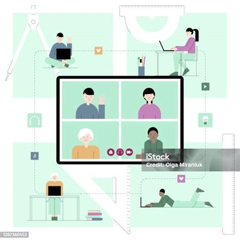 E러닝 온라인 교육 개념의 벡터 플랫 일러스트레이션 교사가 랩톱 컴퓨터 화면으로 디지털 교실에서 교사를 비고하고 배우는 학생들 가상현실에 대한 스톡 벡터 아트 및 기타