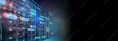 Server Room With Server Racks In Datacenter Banner 3d Illustration