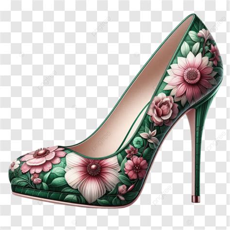 생동감 넘치는 꽃그림이 돋보이는 스타일리시한 하이힐 생동감 넘치는 꽃그림이 돋보이는 스타일리시한 하이힐 우아함과 예술적인 디자인을 선보이는 신발 Png 일러스트 및