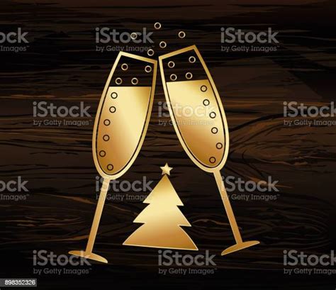 크리스마스골든 샴페인의 안경의 형태로 인물 즐거운 새 해 겨울입니다 벡터입니다 휴일 또는 어두운 나무 배경에 초대에 대 한 인사말 카드 0명에 대한 스톡 벡터 아트 및 기타