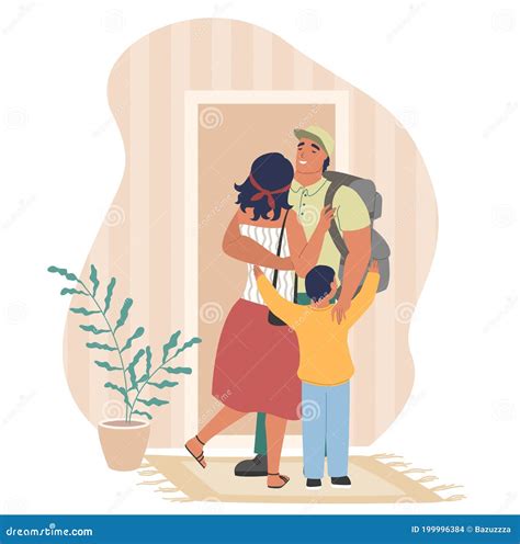 Happy Father Coming Back Home Hugging His Wife And Son Flat Vector Illustration Homecoming