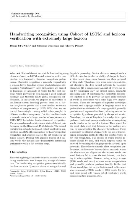 Pdf Handwriting Recognition Using Cohort Of Lstm And Lexicon Verification With Extremely Large