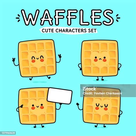 재미있는 귀여운 해피 와플 캐릭터 번들 세트 벡터 가와이 라인 만화 스타일 일러스트 흰색 배경에 격리 귀여운 와플 마스코트 캐릭터 컬렉션 개체 그룹에 대한 스톡 벡터 아트