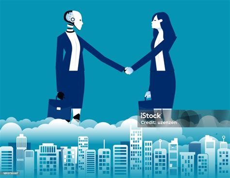 로봇이 도시 배경에 인간과 악수합니다 인공 지능 비즈니스 벡터 일러스트 레이 션 여자 사업가에 대한 스톡 벡터 아트 및 기타 이미지 여자 사업가 인공적인 지력