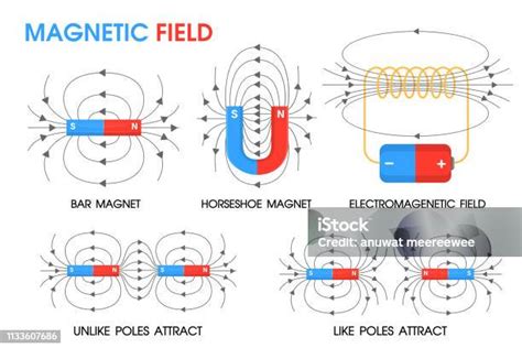 자기 필드의 움직임에 대 한 물리학 과학 긍정적이 고 부정적인 자기장에 대한 스톡 벡터 아트 및 기타 이미지 자기장 자석 들 Istock