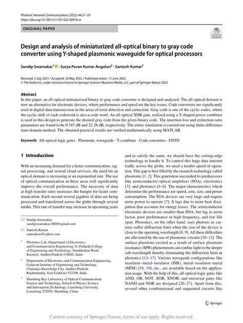Design And Analysis Of Miniaturized All Optical Binary To Gray Code Converter Using Y Shaped