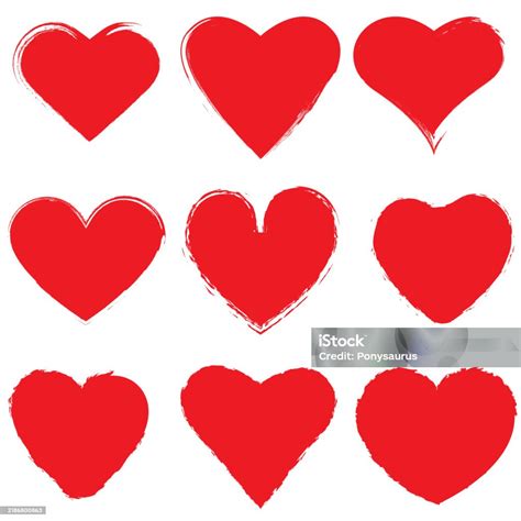 흰색 배경 벡터 일러스트 레이 션에 빨간 잉크 그런 지 하트 세트 붓놀림에 대한 스톡 벡터 아트 및 기타 이미지 붓놀림 하트 모양 공휴일 Istock