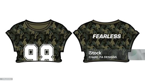 위장 여성 크롭 탑 티셔츠 저지 디자인 컨셉 일러스트 벡터 패셔너블한 캐주얼 웨어 쇼트 슬리브 크롭 탑은 스포츠 활동을 위한 트레이닝 유니폼 키트에 적합한 소녀와 여성에게