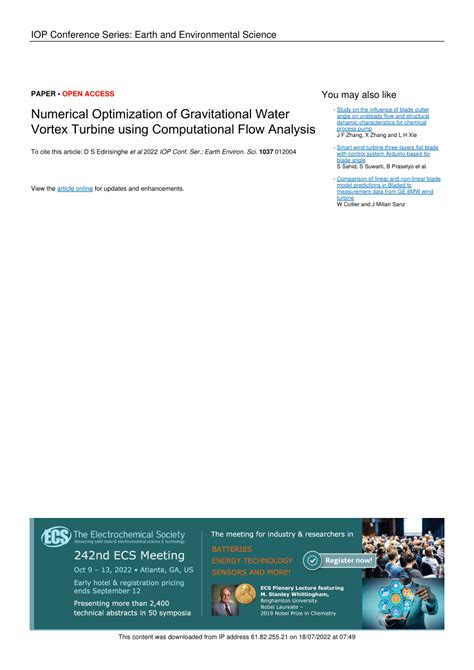 Pdf Numerical Optimization Of Gravitational Water Vortex Turbine Using Computational Flow Analysis