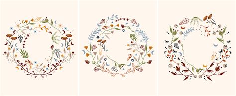 신비로운 꽃 천상의 달 색깔의 나뭇잎으로 구성된 보호 화환 신비롭고 난해한 포스터 마법의 꽃 프레임 인사말 카드 포스터 엽서 배너에 적합합니다 벡터 그림 가리기에 대한 스톡