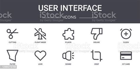 사용자 인터페이스 개념 선 아이콘 설정 비행 모드 싫어하는 필터 사운드 자르기 시트 카드 시계 플러그인과 같은 웹 로고 Ui Ux에 사용할 수있는 아이콘이 포함되어 있습니다