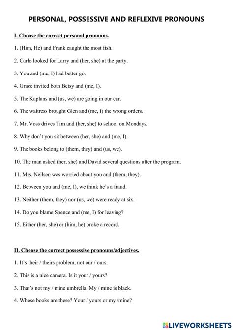 Personal Possessive And Reflexive Pronouns Worksheet