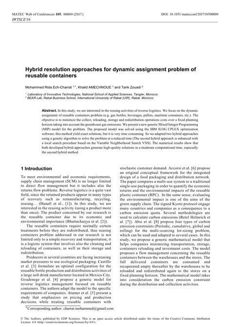 Pdf Hybrid Resolution Approaches For Dynamic Assignment Problem Of Reusable Containers