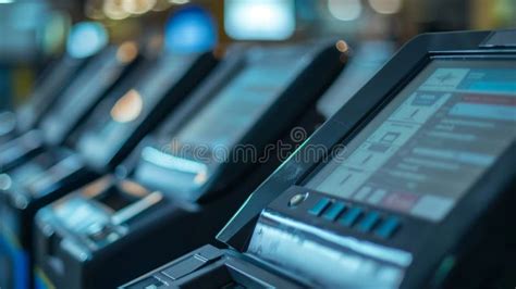 Row Of Self Service Check In Kiosks Showing Airline Logo At Airport