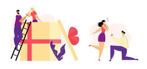 남자 무릎을 꿇 고 여자 친구에 게 약혼 반지를 제공 무릎에 젊은 남자가 결혼 하는 여자를 제안 한다 결혼 제안 개념입니다 벡터 평면 그림 감정에 대한 스톡 벡터 아트 및