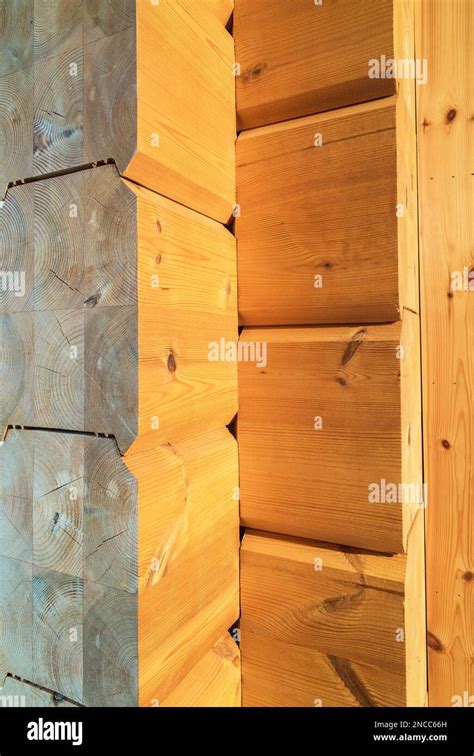 Close Up Of Manufactured Scots Pinewood Beams Used To Construct Wall