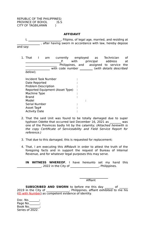Affidavit Scrib Republic Of The Philippines Province Of Bohol S City Of Tagbilaran