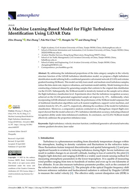 Pdf A Machine Learning Based Model For Flight Turbulence Identification Using Lidar Data