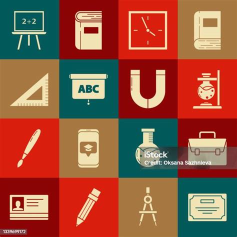 인증서 템플릿 서류 가방 유리 테스트 튜브 플라스크 불 시계 칠판 삼각형 눈금자 및 자석 아이콘을 설정합니다 벡터 0명에 대한 스톡 벡터 아트 및 기타 이미지 Istock