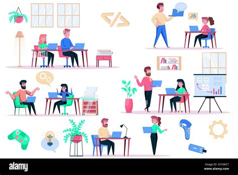 Game Developer Working Isolated Elements Set Bundle Of Men And Women