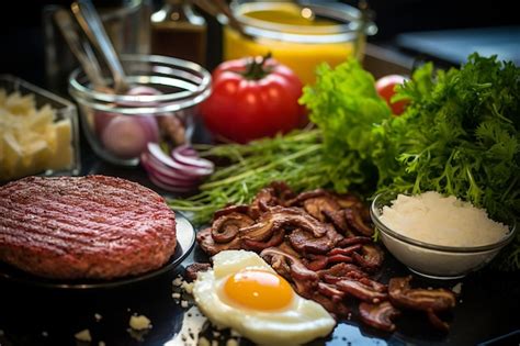 Macro Shot Of Burger Ingredients Being Assembled Premium Ai Generated
