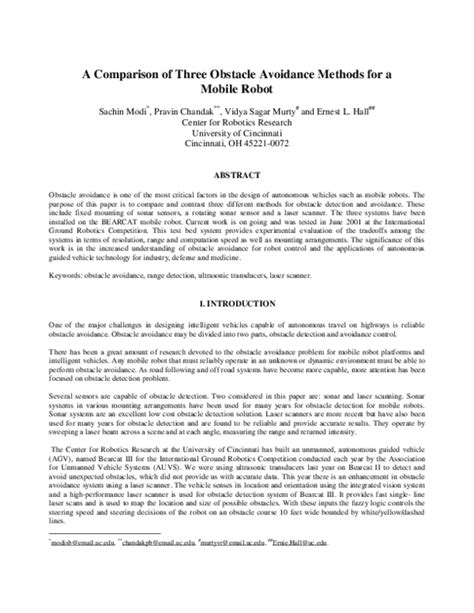 Pdf A Comparison Of Three Obstacle Avoidance Methods For A Mobile Robot