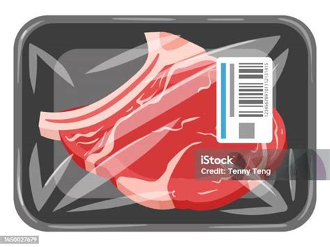 만화 고기 스테이크입니다 진공 플라스틱 포장에 냉동 생 쇠고기 또는 돼지고기 스테이크 흰색 배경에 폴리에틸렌 평면 벡터 삽화로 포장된 맛있는 필레 가금류에 대한 스톡 벡터