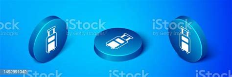 파란색 배경에 격리 된 여행 아이콘에 대한 등색 가방 여행 수하물 표지판 여행 수하물 아이콘 파란색 원 버튼입니다 벡터 3차원 형태에 대한 스톡 벡터 아트 및 기타 이미지