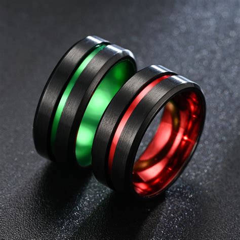 남성용 블랙 티타늄 스틸 반지 블루 그루브 베벨 엣지 스테인레스 스틸 커플 반지 웨딩 쥬얼리 도매 패션 8mm Aliexpress